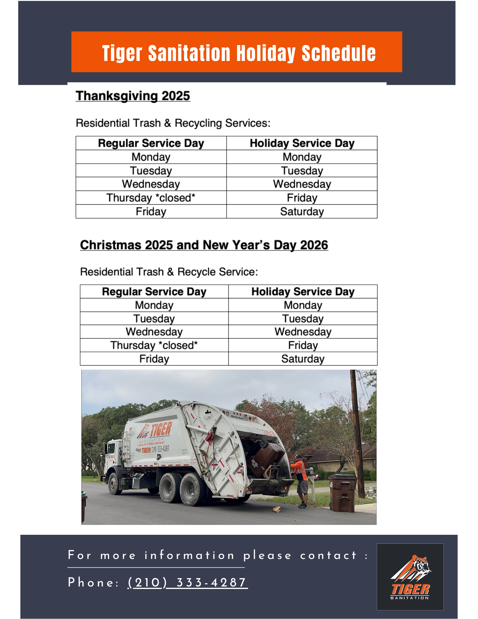 Tiger Sanitation Holiday Schedule | Leon Valley Texas