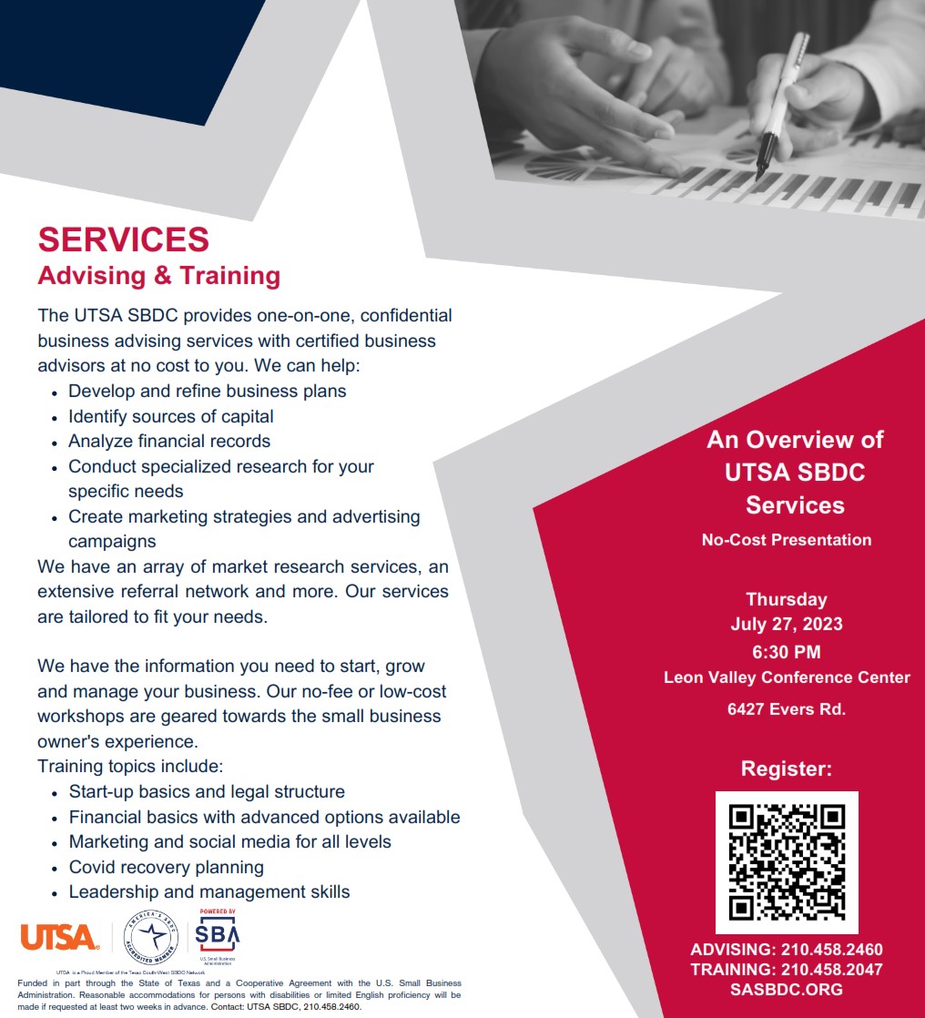 Overview of UTSA SBDC Services Presentation | Leon Valley Texas