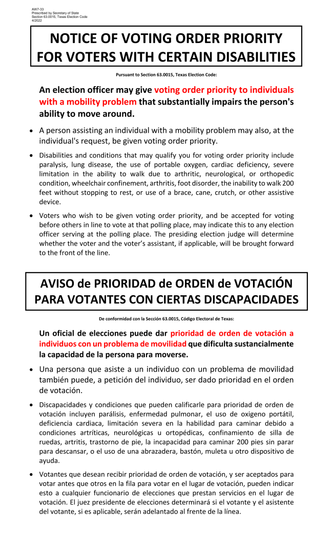 Notice of Voting Order Priority for Voters With Certain Disabilities ...